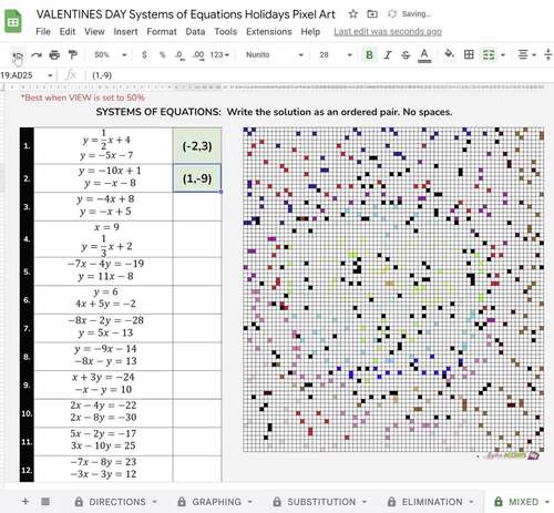VALENTINES Algebra 1 Systems of Equations Pixel Art Math Digital Activity
