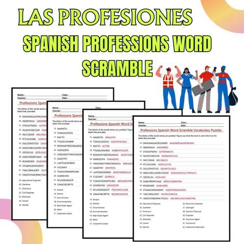 No Prep Spanish Jobs & Professions Word Scramble Vocabulary Puzzles ...