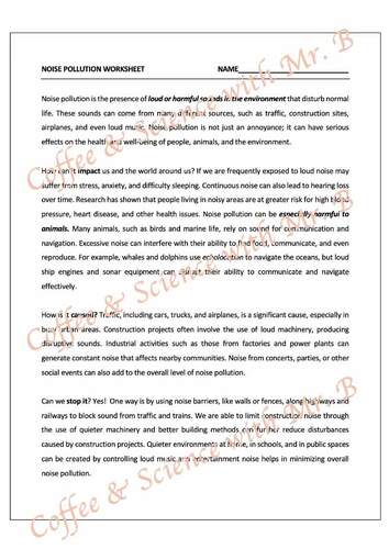 Noise Pollution Comprehension Worksheet for Grades 5-7 | TPT