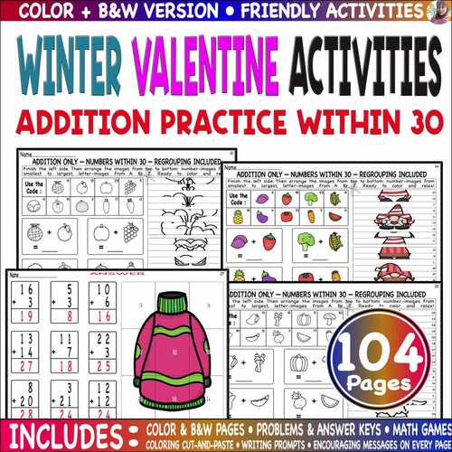 Winter Valentine Activities Addition Within 30 Worksheets + Bonus Cut ...