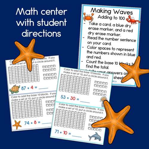 Adding Multiples of 10 to a 2 Digit Number Ocean Theme Math Task Cards