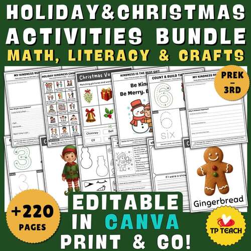 Editable Holiday & Christmas Activities Bundle | Math, Literacy & Crafts