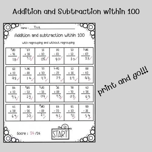 Addition and Subtraction Within 100 Worksheets | without and with ...