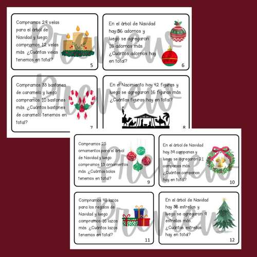 Problemas de cuento sumas de Feliz Navidad Addition Word Problems in ...