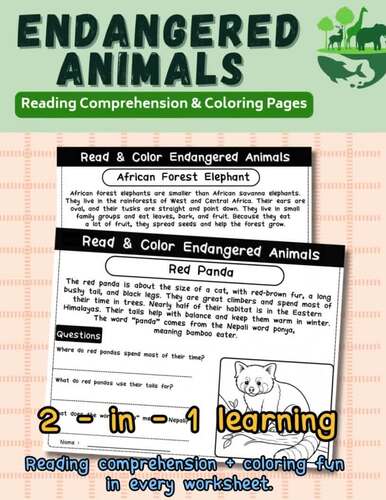 Endangered Animals Reading Comprehension and Coloring Pages | 10 Worksheets