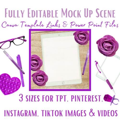 iPad Image in Purple Mockup Scene with Customizable, Moveable Elements