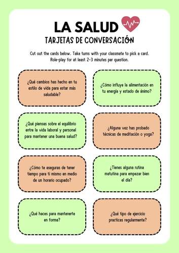HEALTH CONVERSATION SPEAKING PRACTICE IN SPANISH CONVERSATION CARDS