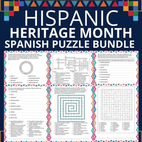 Hispanic Heritage Month Spanish Puzzle Bundle | Challenging Vocabulary ...