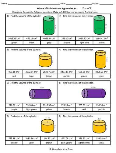 Volume of Cylinders Color By Number by Abaco Education Zone | TPT
