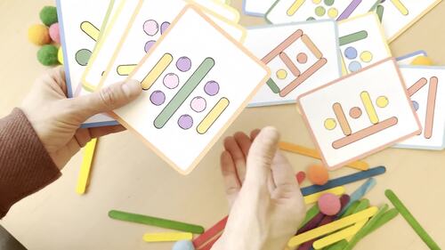 Popsicle Stick and Pom Pom Activity Fine Motor Skills Color Sorting Pattern