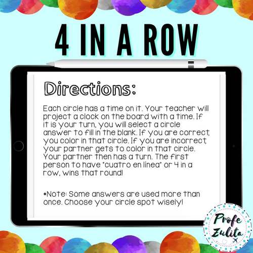 4 in a row | Review game to practice time and clocks by Profe Zulita