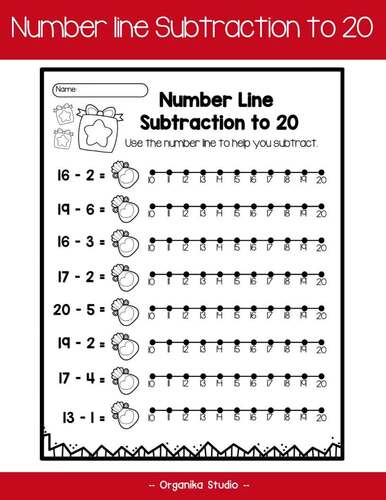 Number Line Subtraction to 20 worksheet | theme Valentines | TPT
