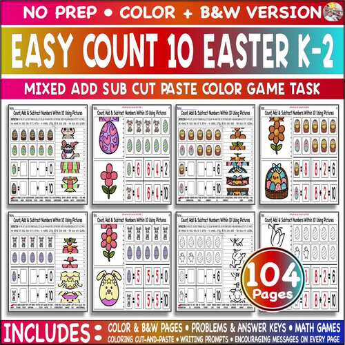 Mixed Add Sub Under 10 Easter Math Kindergarten Cut Paste Color Game ...