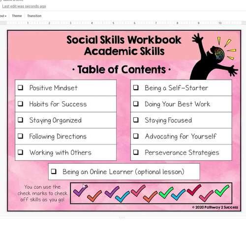 Academic & Classroom Skills for Success Workbook for Google Slides