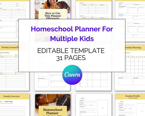 Homeschool Planner for Multiple Kids, Editable in Canva, Complete Planning