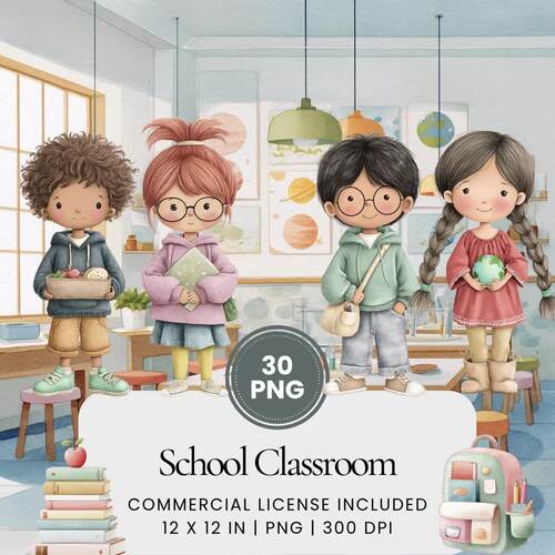 School Classroom Watercolor Clipart by Ikota Design | TPT