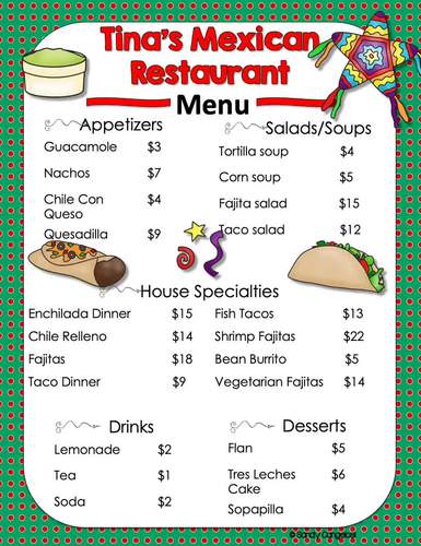 Real World Math - Restaurant Menu Math - Mexican Restaurant - Grades 2-3