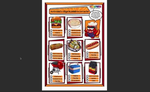 Spanish Worksheets for BBQ and Food Vocabulary by Kids' Club Spanish
