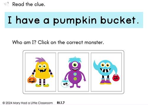 Halloween Monsters Easy-to-Read Sentences and Picture Match Boom Cards