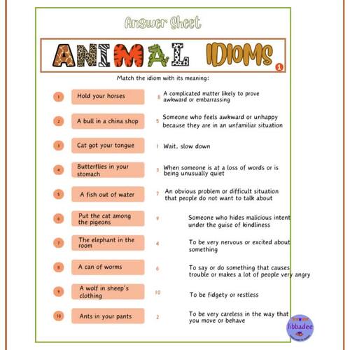 Idioms worksheets & memory game (animals) ELA, 4th-12th grades, ESL/EFL