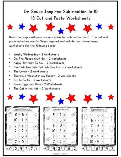 Subtraction to 10 Printables / Cut and Paste / Whimsical by Teachtree