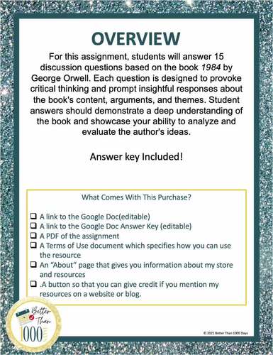 1984 by George Orwell Book Discussion Questions with Answer Key | TPT