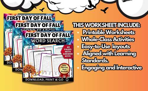 First Day of Fall Autumn Sept October Word Search Worksheets 4th,5th ...