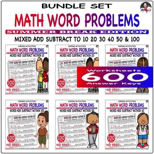 Math word problems add and sub within 10 - 100 Bundle Set - Summer ...