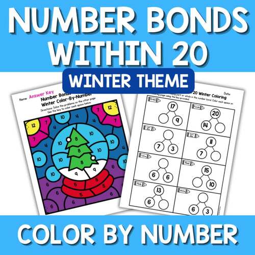 Number Bonds to 20 Winter Theme Color by Number 2nd Grade Math No Prep Fun