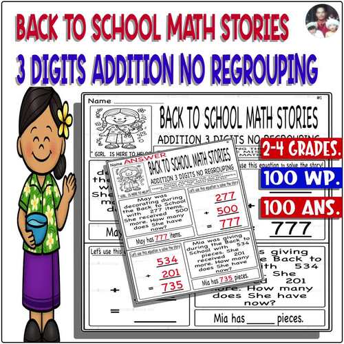 Back to School 3-Digit Addition Word Problems No Regrouping Top Happy ...