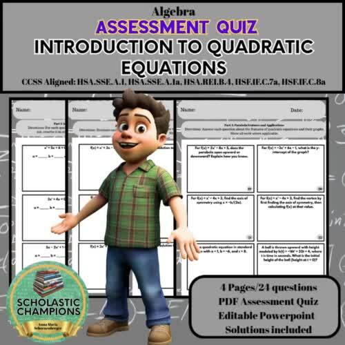 INTRODUCTION TO QUADRATIC EQUATIONS - Algebra Assessment Quiz Test ...