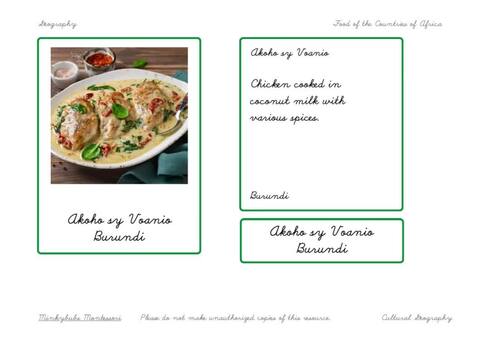 Foods of Africa Cuisine 3 Part and 4 Part Cards 54 Dishes in CURSIVE
