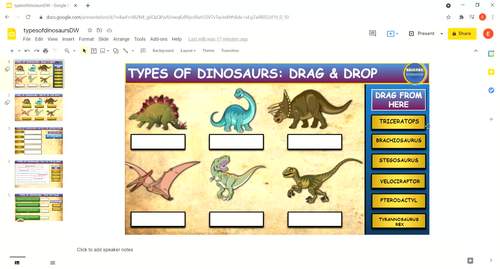 Types Of Dinosaurs: Drag & Drop Worksheet: Google Slides+Powerpoint Version