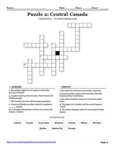 Canadian Geography Pack 1 Provinces & Capitals Crossword Puzzle With ...