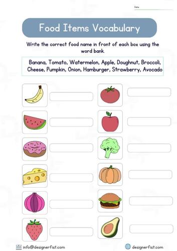 Autism Food Item Vocabulary Worksheet For Childs | TPT