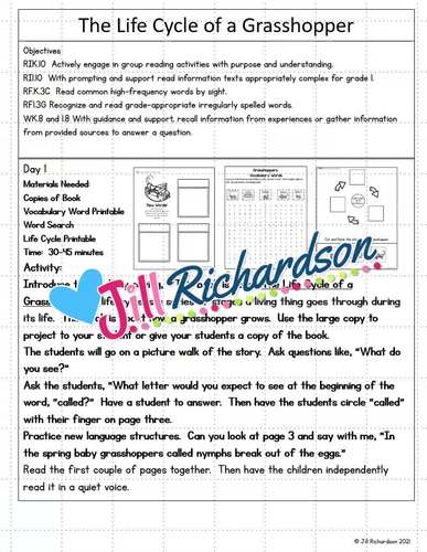 Life Cycle of a Grasshopper Emergent Early Reader ESL Spring Craft ...