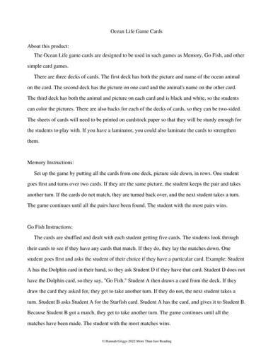 Ocean Life Matching Game Cards for Memory and Go Fish by More Than Just ...