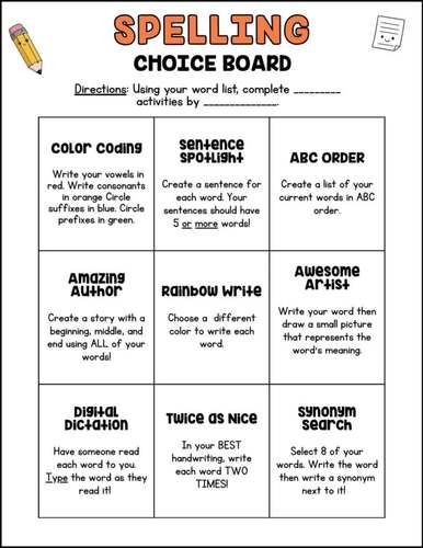 Fun Phonics & Spelling Choice Board Activites by ThrillingThirdGrade