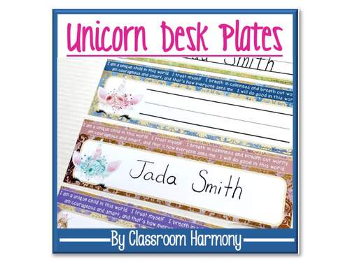 Unicorn Themed Desk Plates and Name Cards by Classroom Harmony | TPT