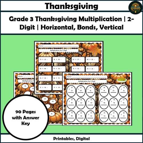 Grade 3 Thanksgiving Multiplication Math 2 Digit Fact Missing Number Bond