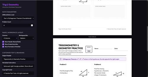 Right Triangle Trigonometry & Geometry Generator | SOH CAH TOA Worksheets
