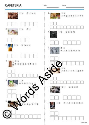 Spanish Vocabulary Writing Spelling Worksheets Cards Crossword Anagram CAFE