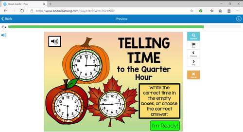 Telling Time Quarter Hour 15 Minutes Math Fall BOOM Cards™ Clock ...