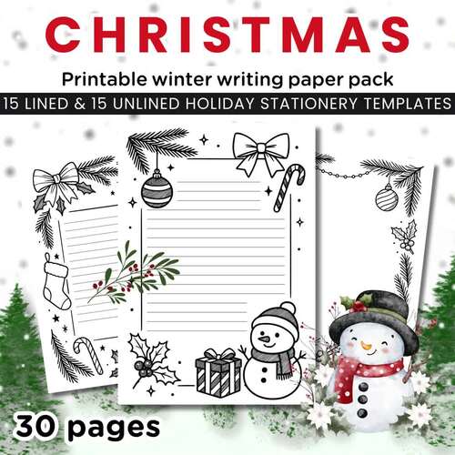 Christmas Writing Paper Pack, Cute Lined & Unlined Winter Stationery ...