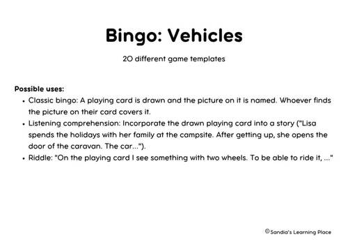 Bingo: Vehicles (Vocabulary, 20 boards) by Sandia's Learning Place