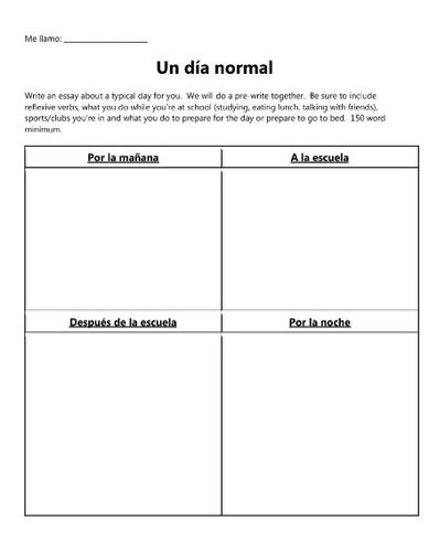 Un día normal - Spanish Normal Day Writing w/Scaffolding & Final Copy Sheet