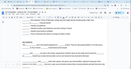 Hamlet Act 5 Fill-in-the-Blank Notes and Reading Guide for Entire Act ...