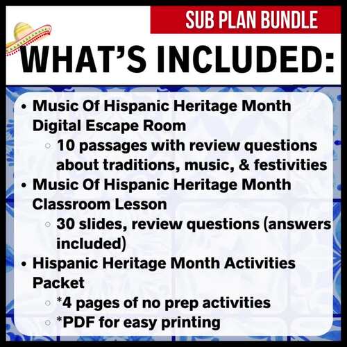 Music Of Hispanic Heritage Month Emergency Substitute Teacher Plans ...