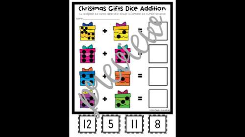 Christmas Gifts Dice Addition Cut and Paste NO PREP Math Center Activity