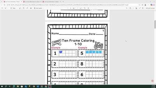 Ten Frame Worksheets 1–20 | Transportation Theme | Count & Color | Pre-K–K